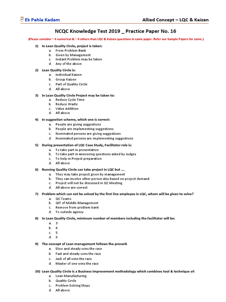 16 - NCQC 2019 Knowledge Test - Practice Paper | PDF | Lean ...