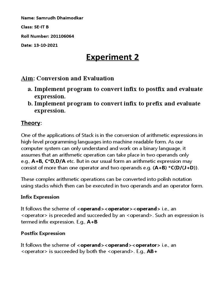 Dsa Expt 2 - Infix Expressions | PDF Dsa Expt 2 - Infix Expressions | PDF