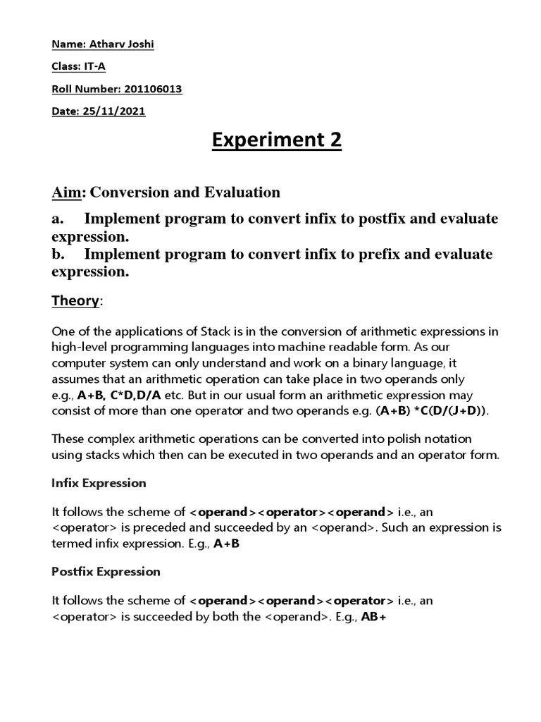 Dsa Expt 2 Infix Expressions Pdf Theoretical Computer Science Computer Programming