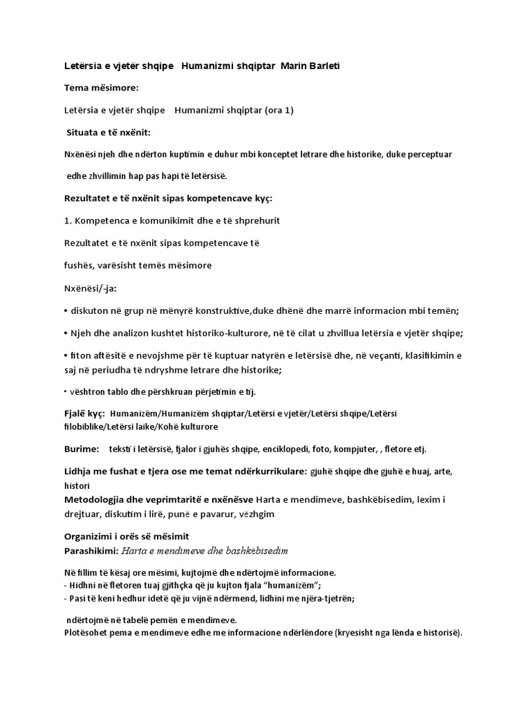Letërsia e Vjetër Shqipe Humanizmi Shqiptar Marin Barleti | PDF