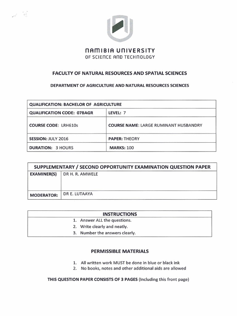 Large Ruminant Husbandry Exam 2016 | PDF | Science & Mathematics