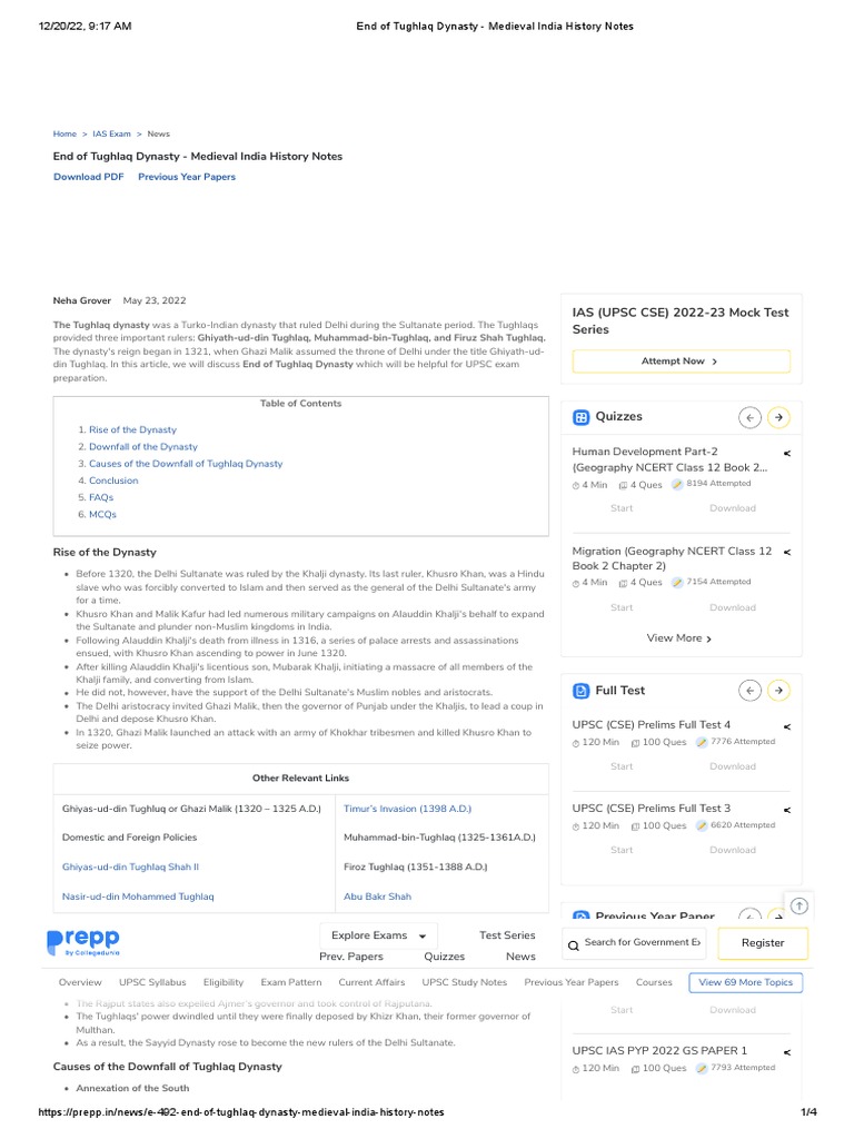 End of Tughlaq Dynasty - Medieval India History Notes | PDF