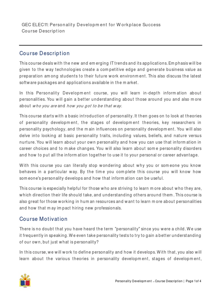 Personality Development Course Description | PDF