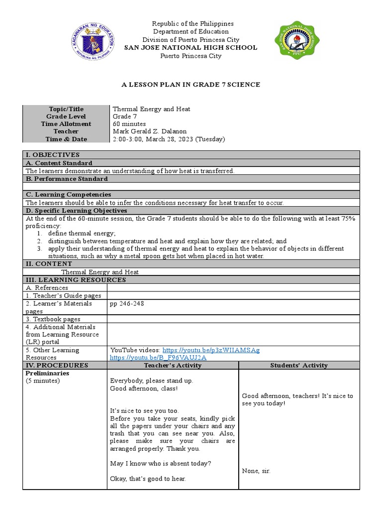 Grade 7 Lesson Plan: Thermal Energy | PDF | Heat | Temperature