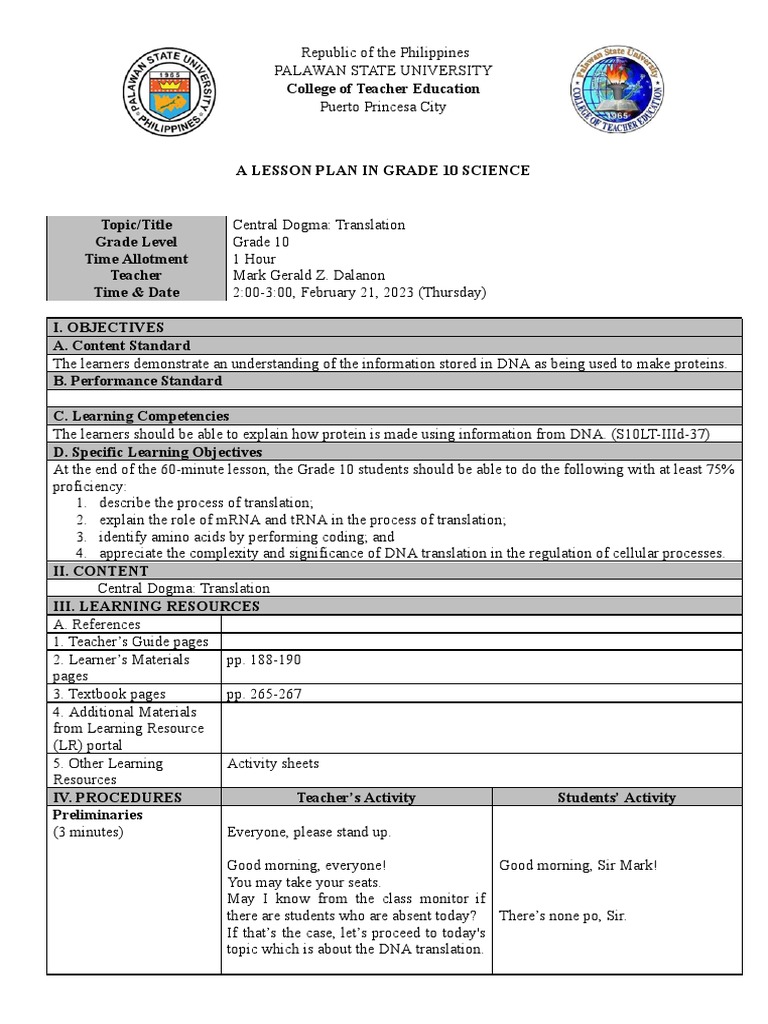 Translation-Lesson Plan | PDF | Translation (Biology) | Ribosome
