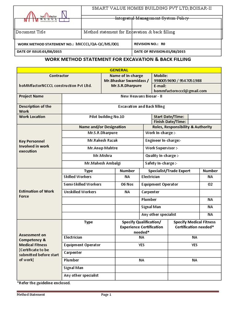 Method Statement For Excavation (EHS) | PDF | Quality Assurance ...