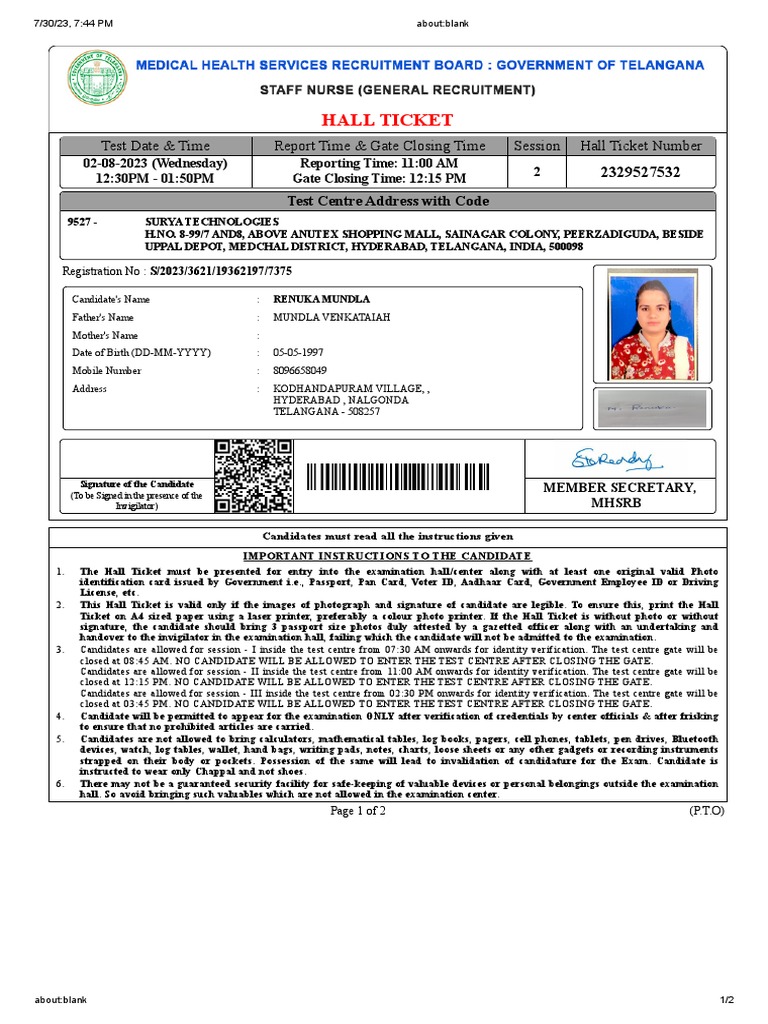 Staff Nurse Hallticket | PDF | Identity Document