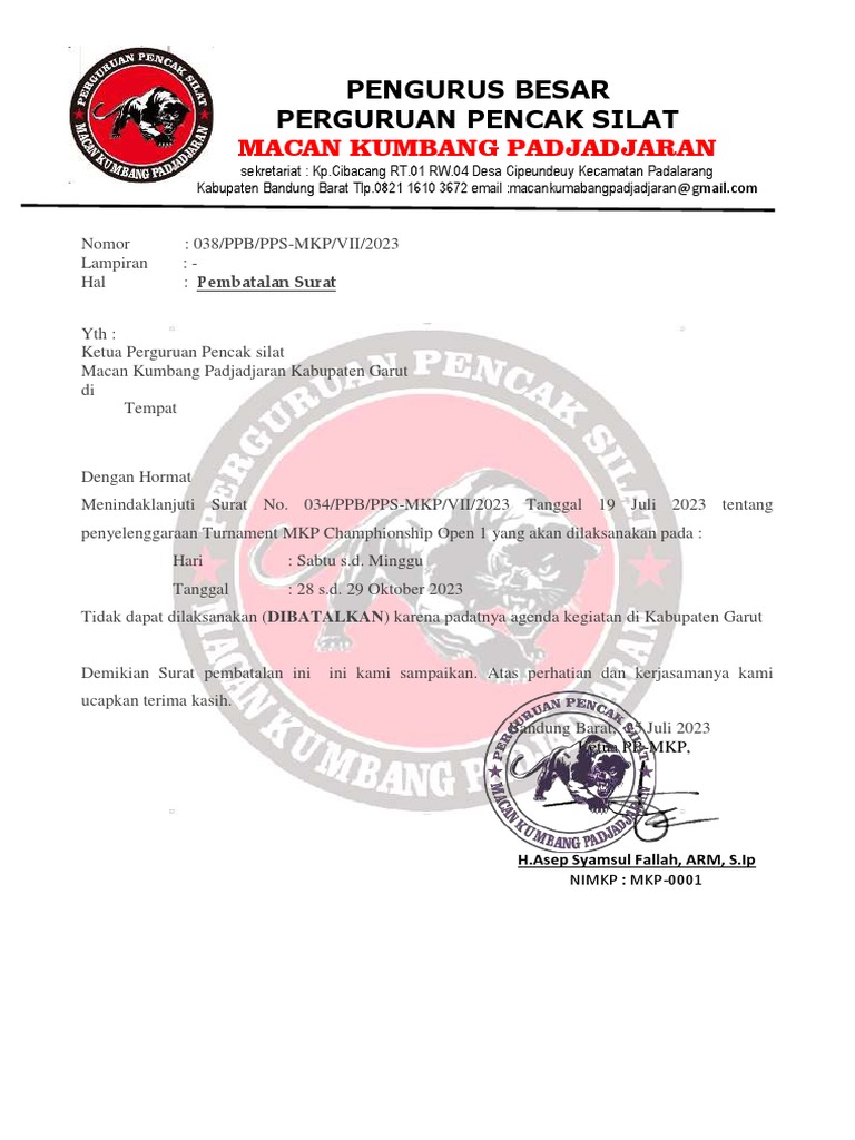 surat pembatalan acara turnamen Macan kumbang padjadjaran | PDF