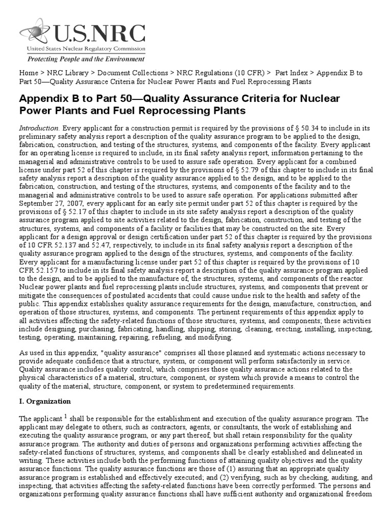 NRC - 10 CFR Appendix B To Part 50 - Quality Assurance Criteria For Nuclear Power Plants and ...