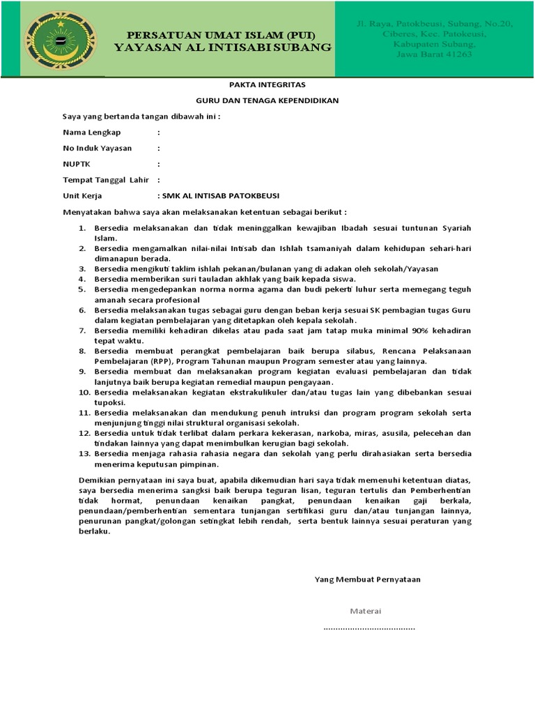 Pakta Integritas Guru SMK Al Intisab PUI | PDF