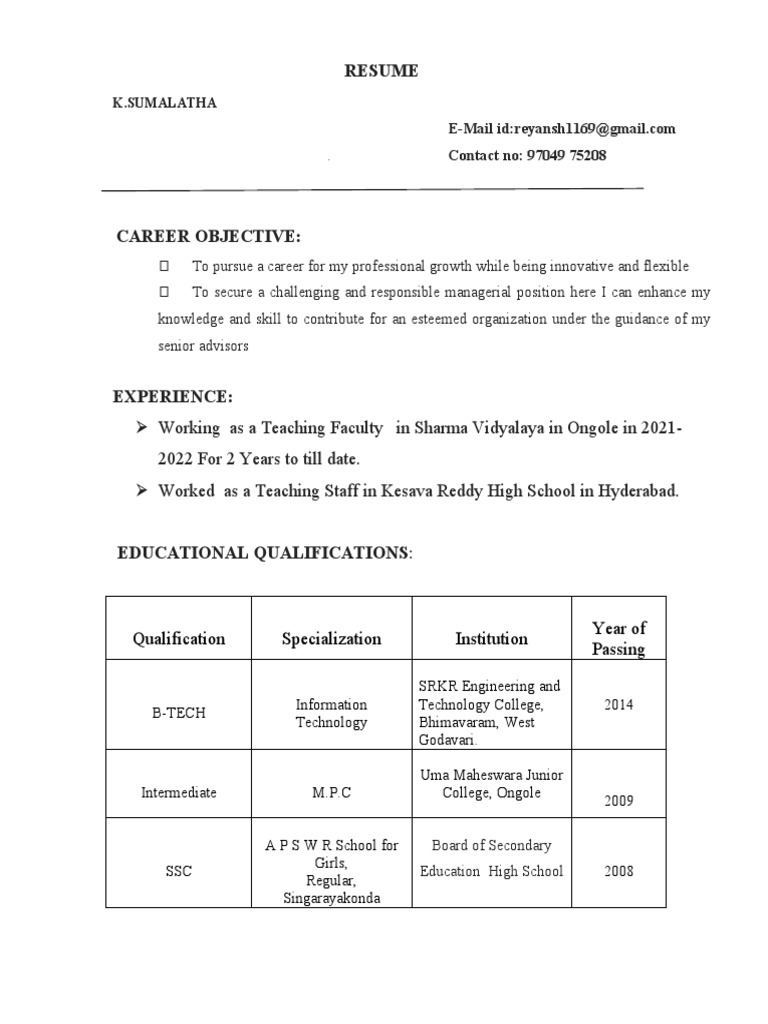 K.sumalatha Resume | PDF | Learning | Cognition