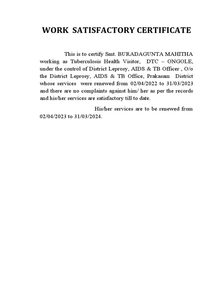 Work Certificate for Health Visitor | PDF