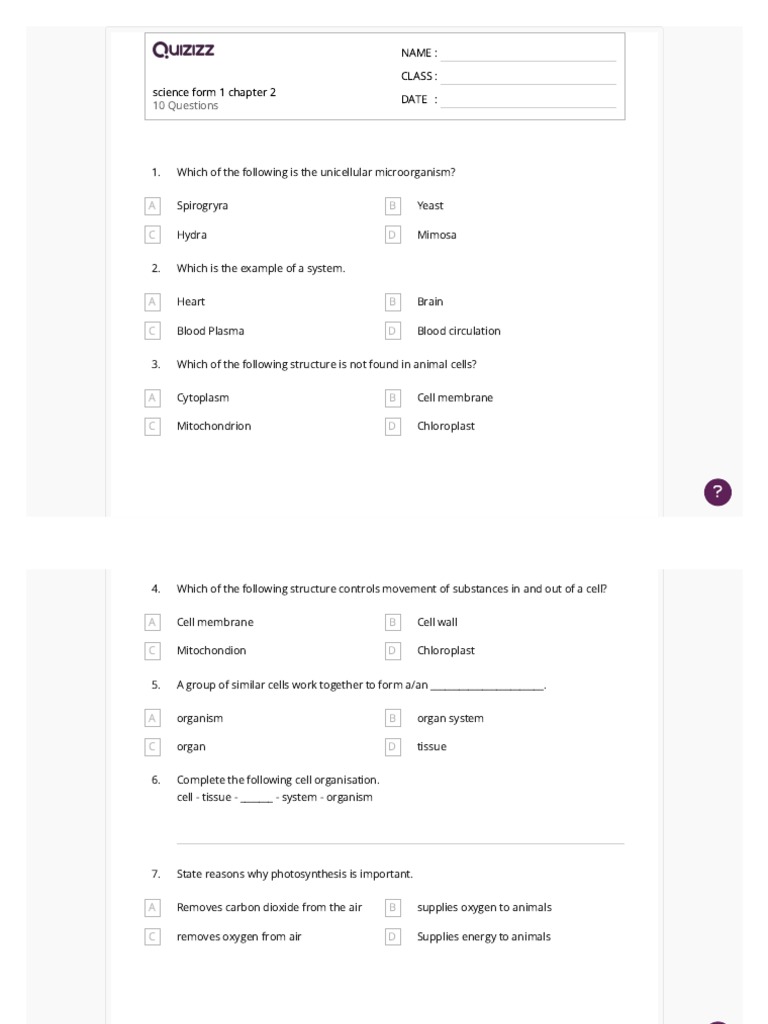 Science Form 1 Chapter 2 Quiz | PDF | Cell (Biology) | Chloroplast