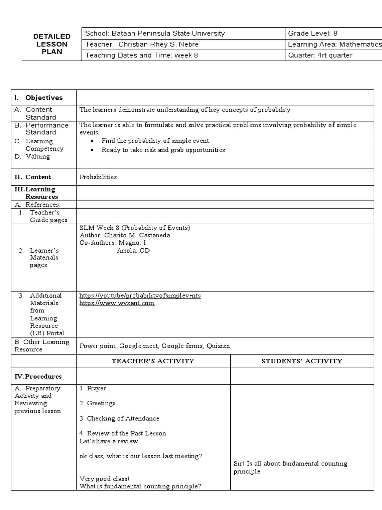 Lesson Plan Probability Final Demo | PDF | Probability | Science