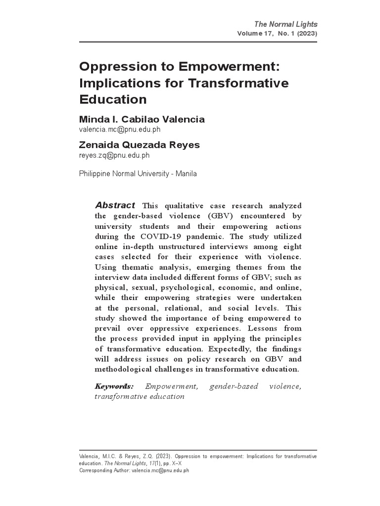 Oppression To Empowerment: Implications For Transformative Education | PDF | Violence Against ...
