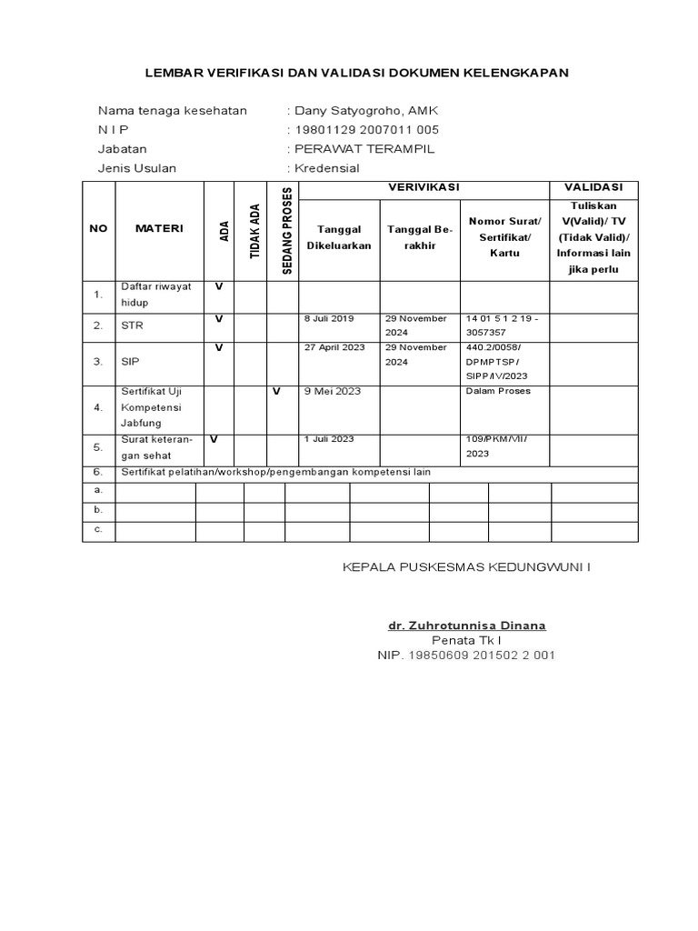 Lembar Verifikasi Dan Validasi Dokumen Kelengkapan | PDF