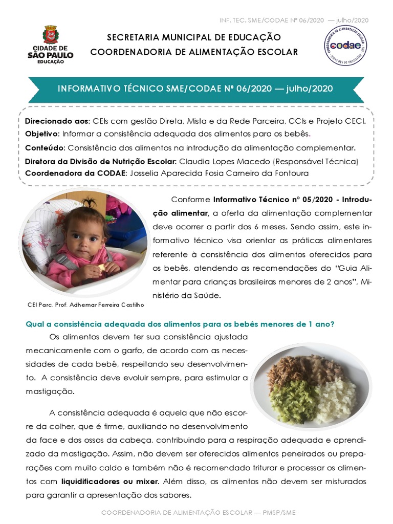 Informativo Técnico Consistência Dos Alimentos SME CODAE Nº06 2020 ...