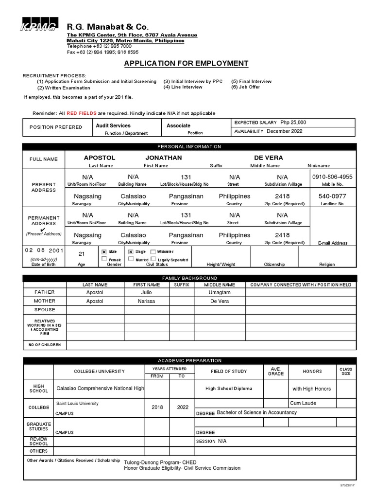 APOSTOL KPMG RGMCo. Employment Application Form | PDF