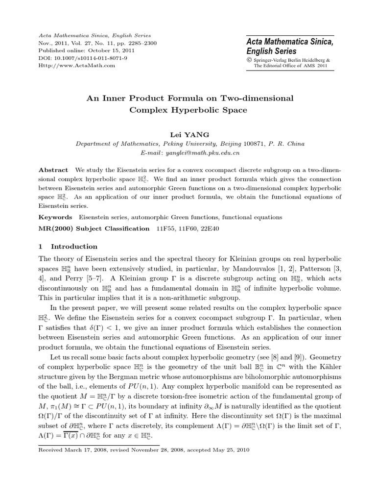 An Inner Product Formula On Two-Dimensional Complex Hyperbolic Space ...