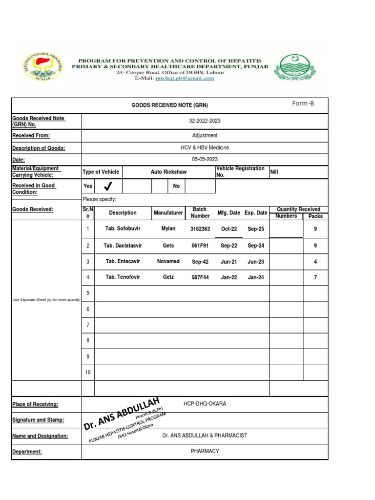 Goods Received Note for HCV & HBV Medicines | PDF | Pharmacology ...