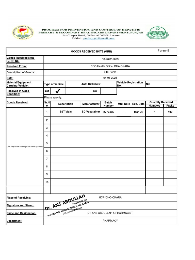 Goods Received Note Pharmacy 04.08.2023 | PDF