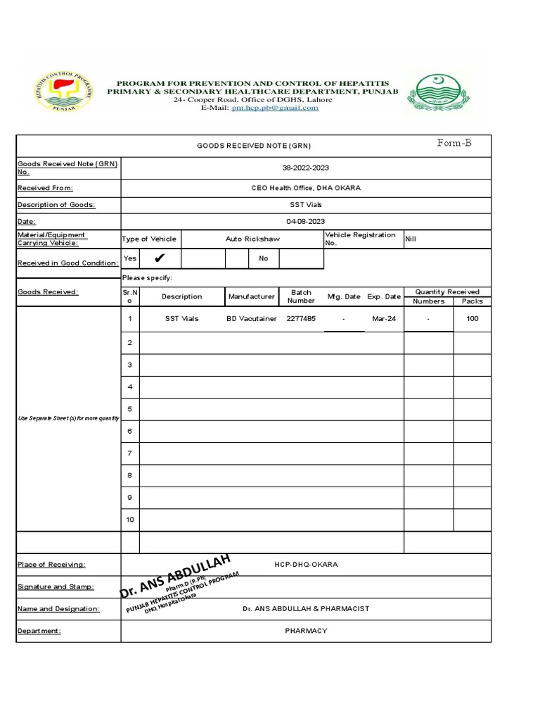 Goods Received Note Pharmacy | PDF | Pharmacy | Pharmaceutical Sciences