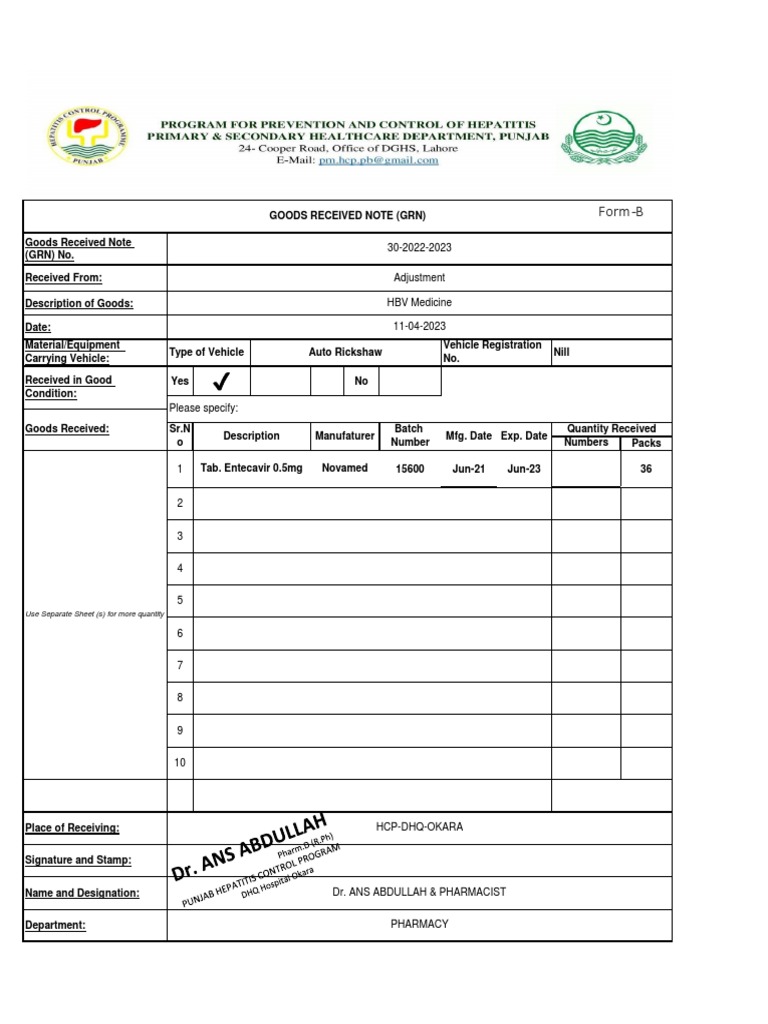 Goods Received Note Pharmacy.11.04.2023 | PDF