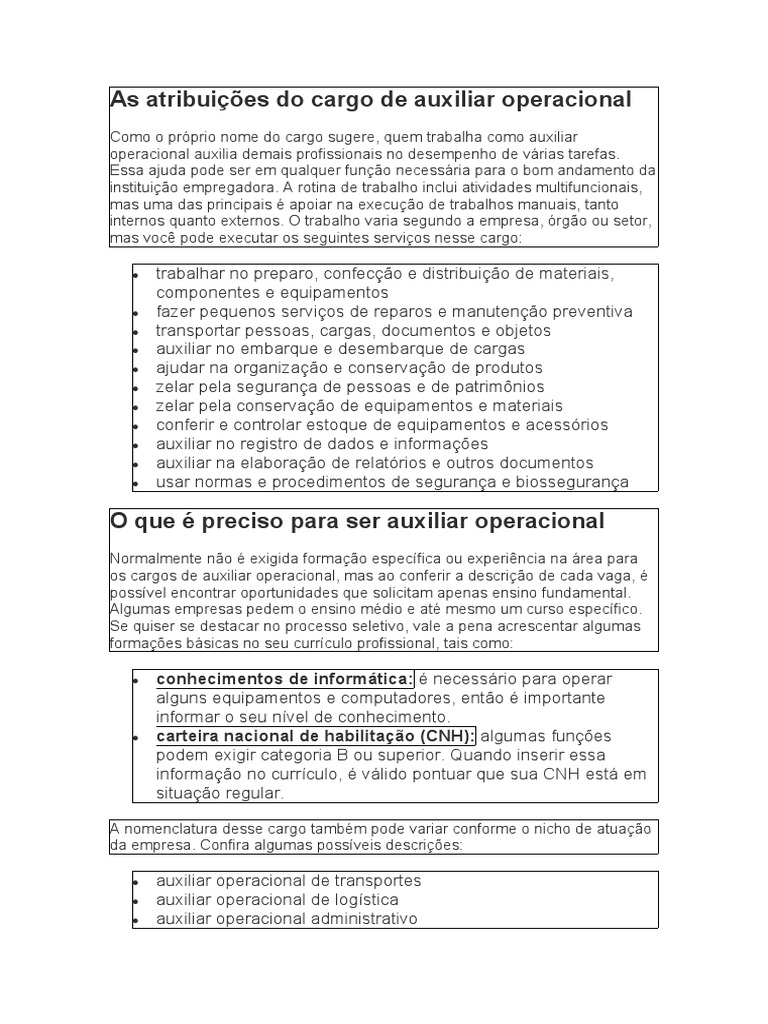 As Atribuições Do Cargo de Auxiliar Operacional | PDF | Gestão de ...