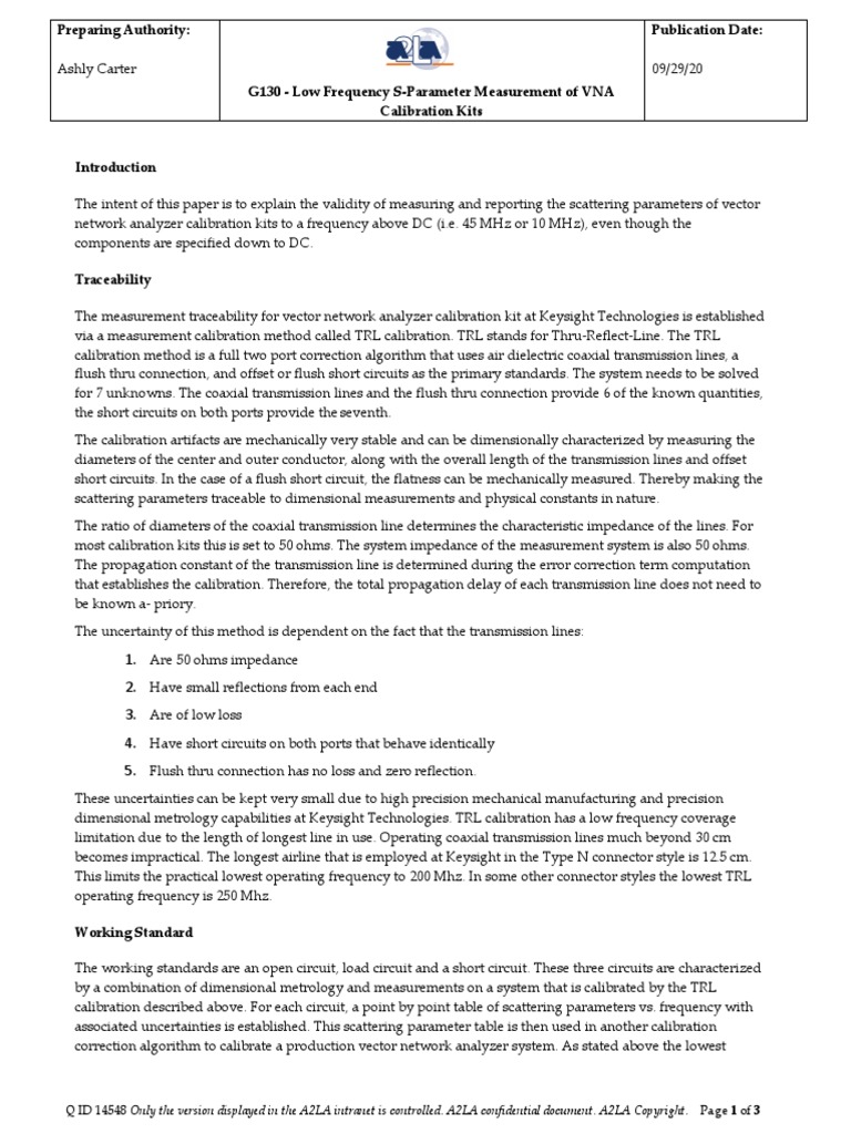 G130 - Low Frequency S-Parameter Measurement of VNA Calibration Kits ...