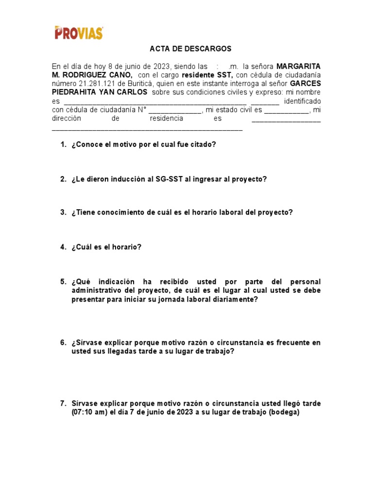 Acta de Descargos Por Llegadas Tarde | PDF | Finanzas y dinero | Derecho