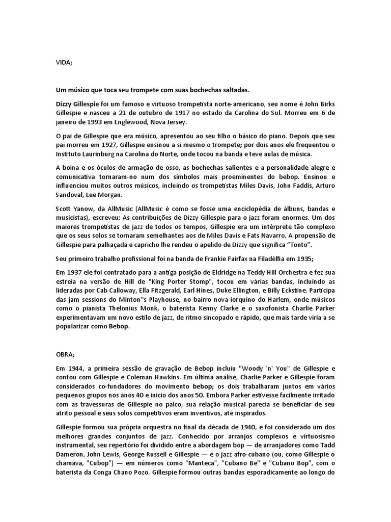 Dizzy Gillespie | PDF | Jazz | Música da diáspora africana Dizzy Gillespie | PDF | Jazz | Música da diáspora africana