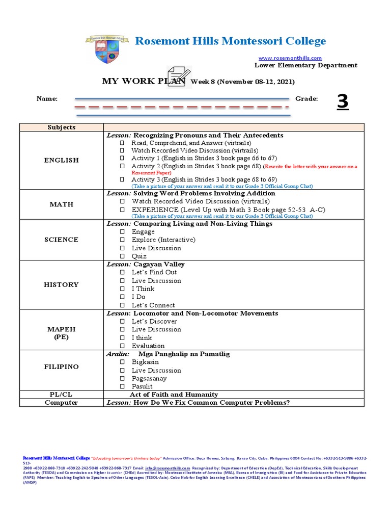 Week 8 Work Plan for Lower Elementary | PDF | Montessori Education ...