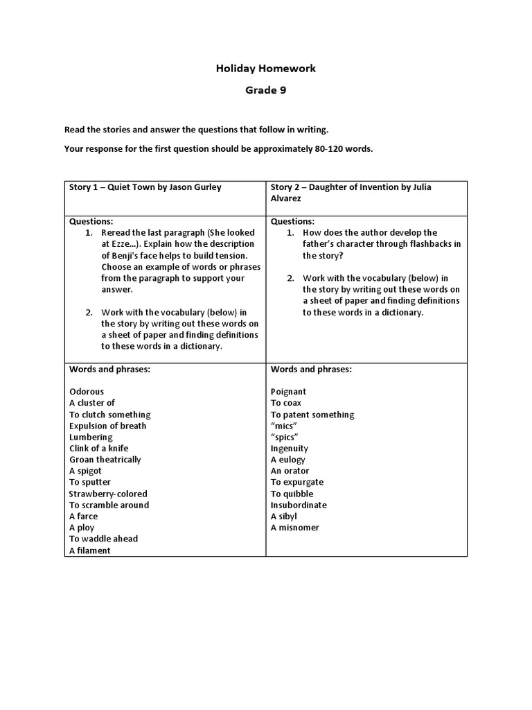 Holiday Homework Igcse Y1 Pdf