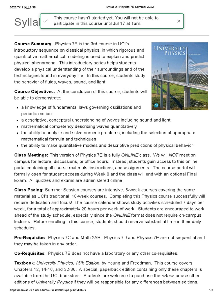 Syllabus - Physics 7E Summer 2022 | PDF | Quiz | Physics Syllabus - Physics 7E Summer 2022 | PDF | Quiz | Physics