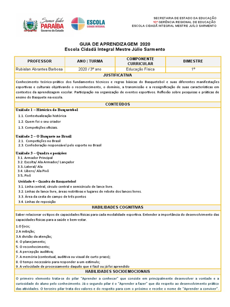 Guia de Aprendizagem Do 3º Ano 1º Bimestre | PDF | Aprendizado | Livros