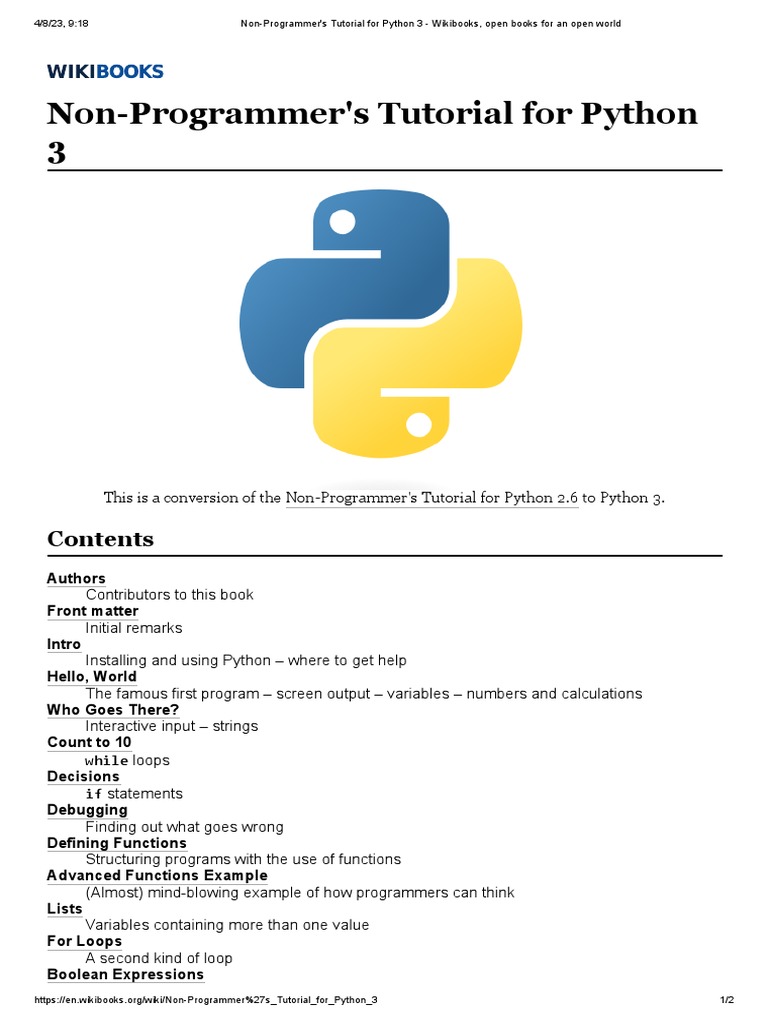 Non-Programmer's Tutorial For Python 3 - Wikibooks, Open Books For An Open World | PDF