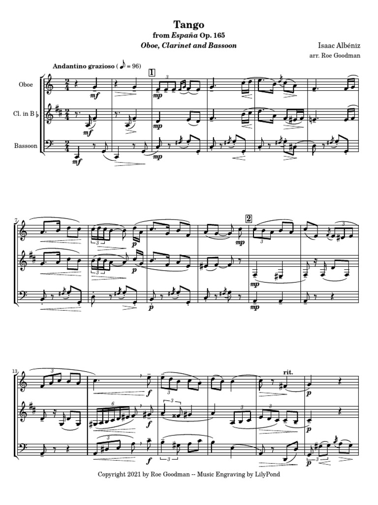 Albeniz Tango (Ob, CL, BS) | PDF | Tempo | Musical Notation