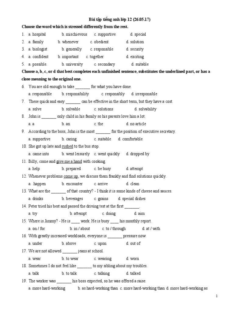 Bai Tap Tieng Anh Lop 12 Unit 1 Home Life Co Dap An | PDF