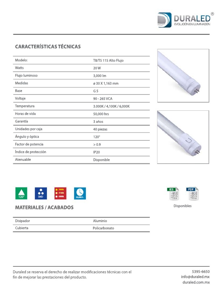 Ficha Tecnica T8-T5 115 Alto Flujo 20W | PDF