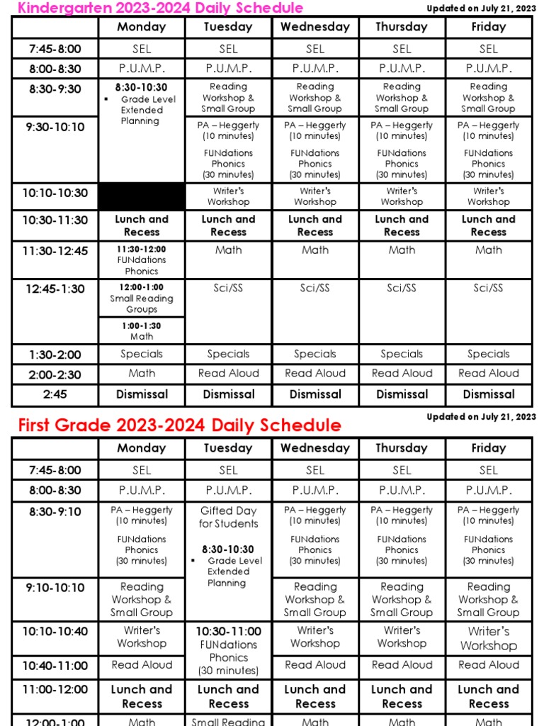 2023-2024 k-5 Daily Schedules Updated | PDF | Phonics | Childhood