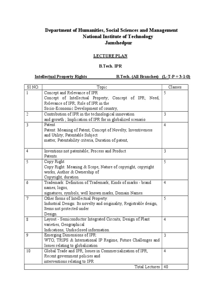 Lecture Plan IPR PDF | PDF | Intellectual Property | Patent