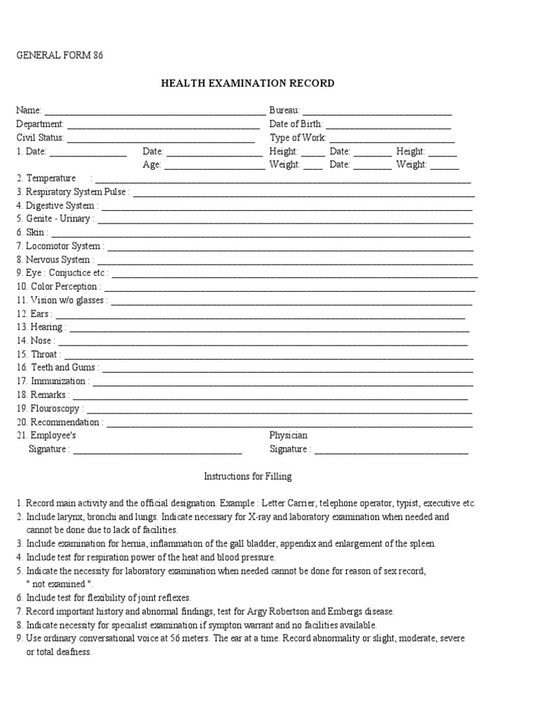 Health Examination Record Template | PDF | Respiratory System ...