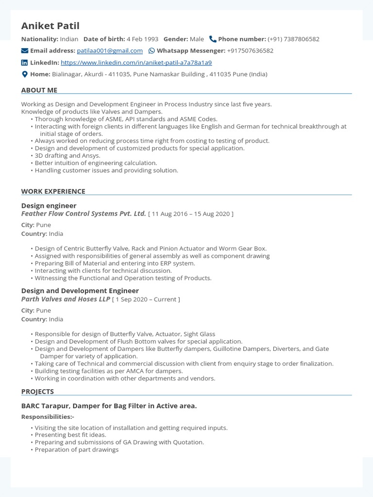 CV - Aniket Patil | PDF | Valve | Actuator