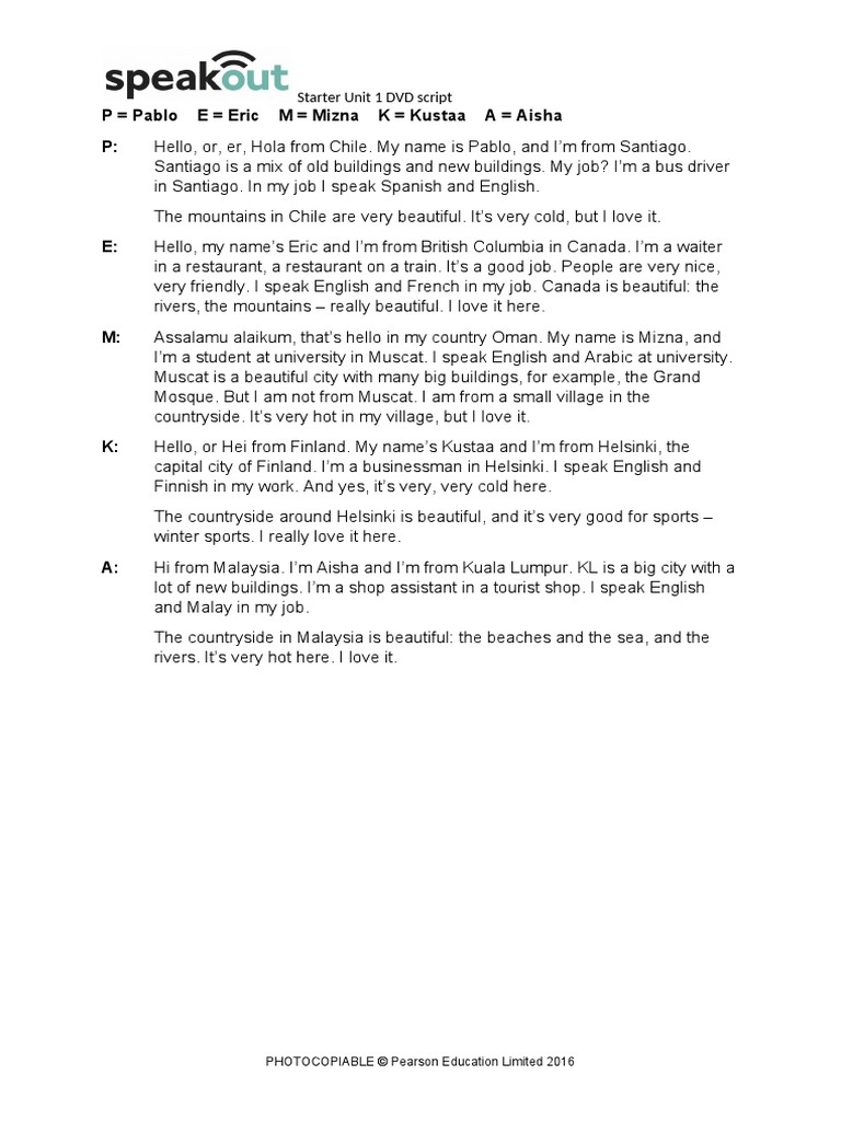 Speakout Starter 2nd. BBC DVD Scripts | PDF