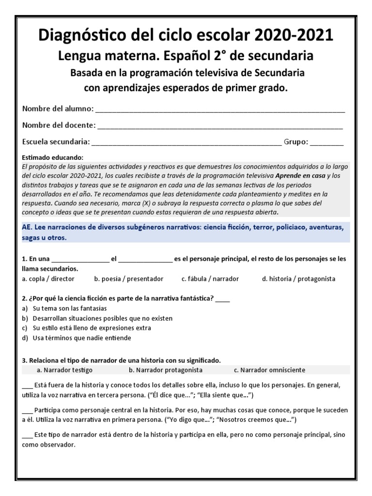 Diagnóstico Lengua Española 2° Secundaria | PDF | Deforestación | Verbo