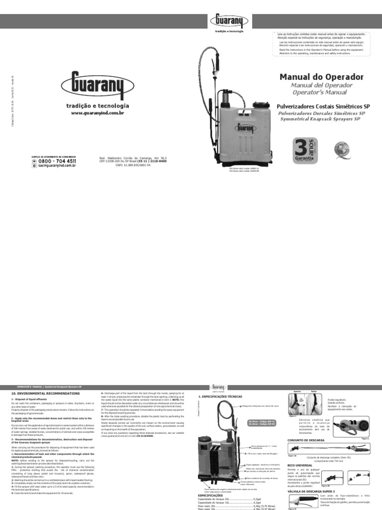 Guarany Symmetrical Knapsack Sprayer Manual | PDF | Waste Management