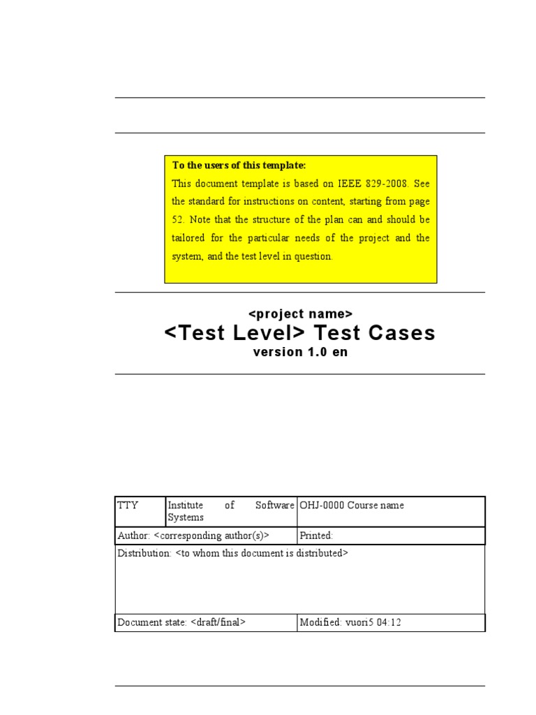 IEEE 829 Test Case Design Template | PDF | Computers
