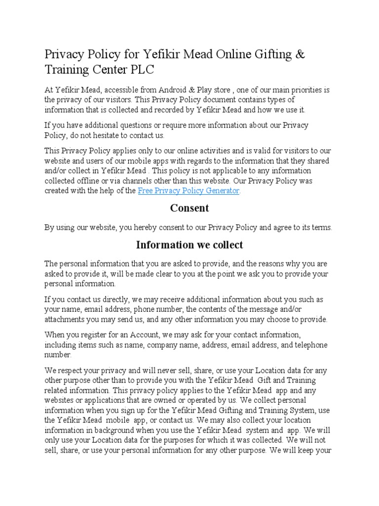 Privacy Policy For Yefikir Mead Online Gifting & Training Center PLC ...