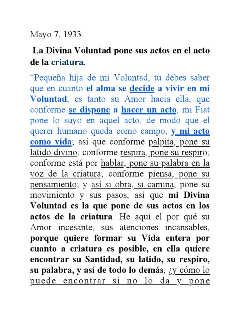 La Divina Voluntad Pone Sus Actos en El Acto de La Criatura. Libro de Cielo | PDF
