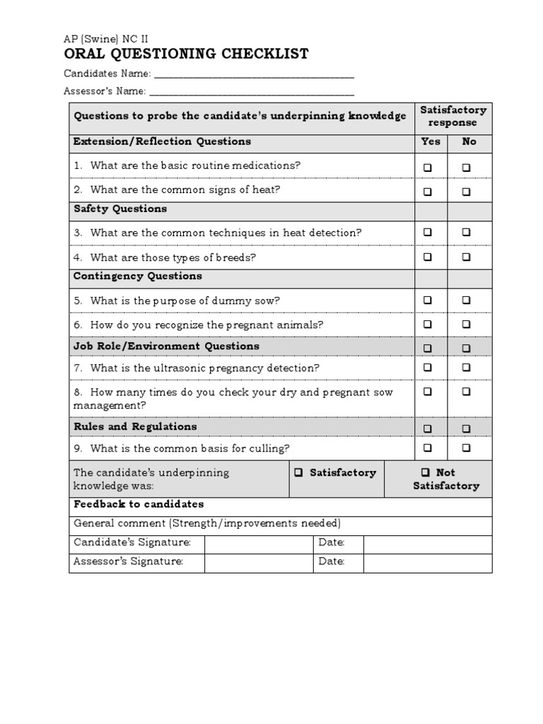 AP Swine ORAL-QUESTIONING-CHECKLIST | PDF | Pig